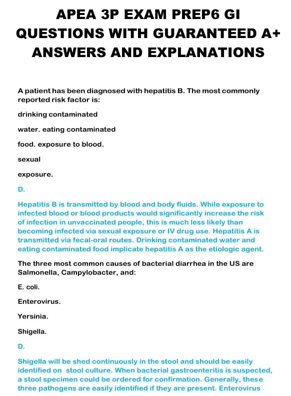 APEA 3P EXAM PREP6 GI QUESTIONS WITH GUARANTEED A+ ANSWERS AND ...