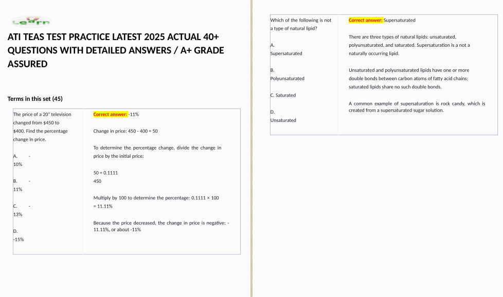 ATI TEAS TEST PRACTICE LATEST 2025 ACTUAL 40+ QUESTIONS WITH DETAILED ...